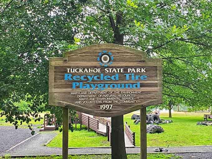 The Recycled Tire Playground sign celebrates turning yesterday's waste into today's fun, which is pretty clever thinking.