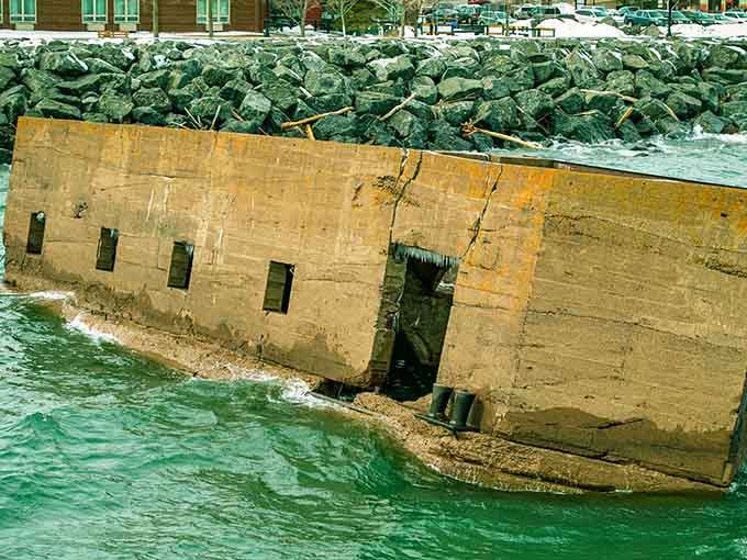 Up close in turquoise waters, you can see every weathered detail, each crack telling stories of Superior's relentless waves.