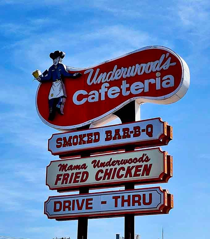 That vintage sign stands as a beacon for anyone seeking authentic cafeteria dining and portions that don't require a microscope.