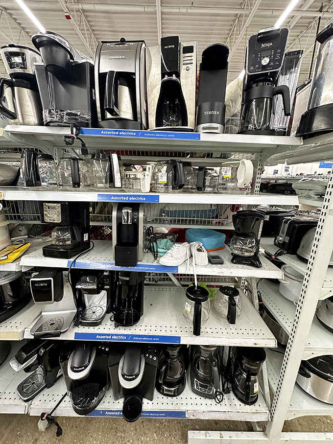 Coffee makers lined up like caffeinated soldiers, ready to brew your morning salvation without breaking the bank account.