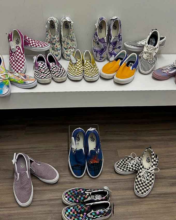 Vans in every pattern imaginable, from checkerboard classics to floral fantasies, all waiting for their next adventure.