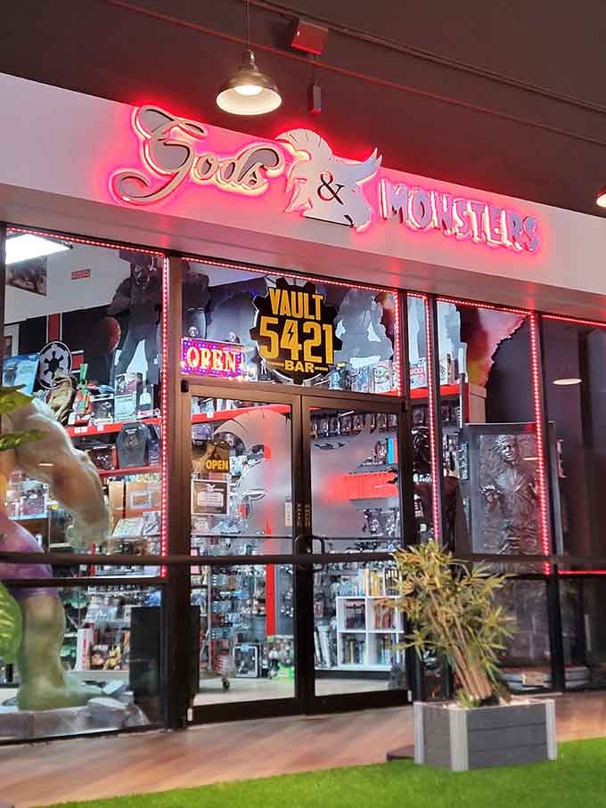 The storefront proudly announces both businesses, because why choose between comics and cocktails when you can have both