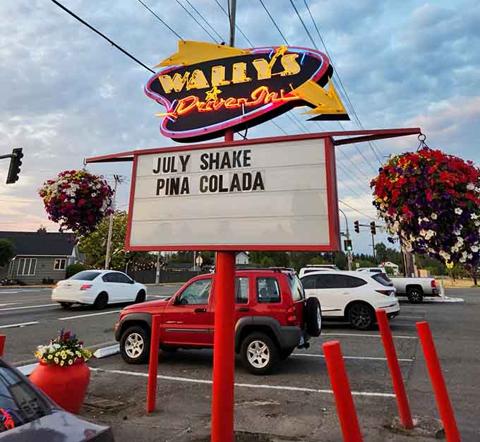 The marquee announces monthly shake specials, because even signs here understand the importance of seasonal excitement.
