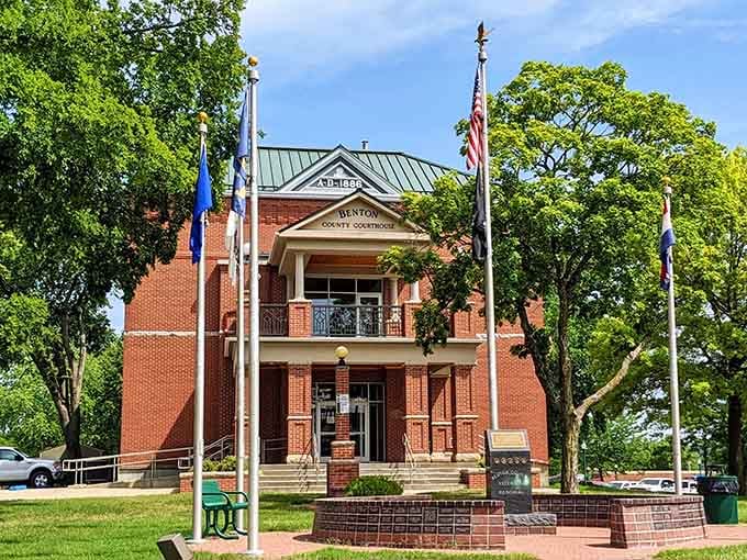 The Benton County Courthouse stands proud, a reminder that civic pride and beautiful architecture can coexist perfectly.