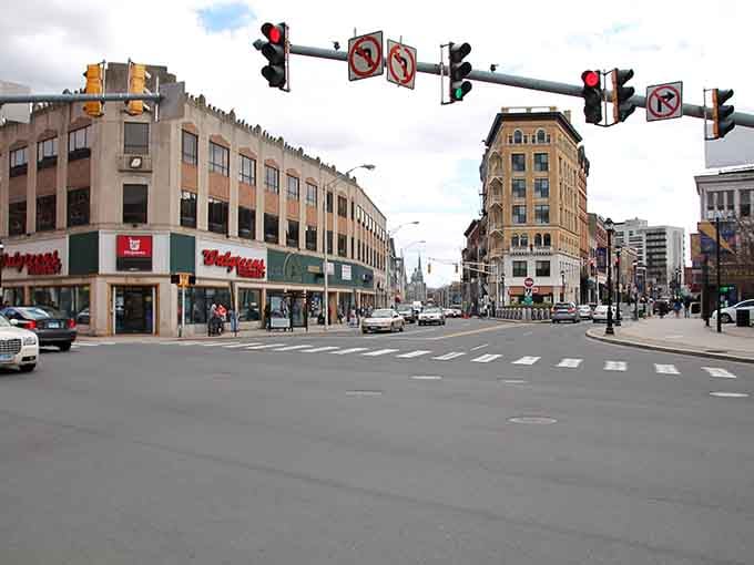 Downtown Waterbury's wide streets and classic storefronts create an urban landscape that feels refreshingly human-scaled and approachable today.