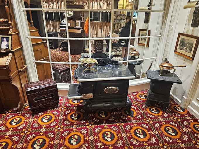 An antique stove sits among the decor, reminding us that good cooking has always brought people together beautifully.