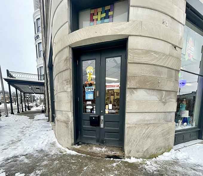 Eklektic Alchemy's corner entrance invites curiosity seekers to discover whatever treasures wait inside those historic walls today.