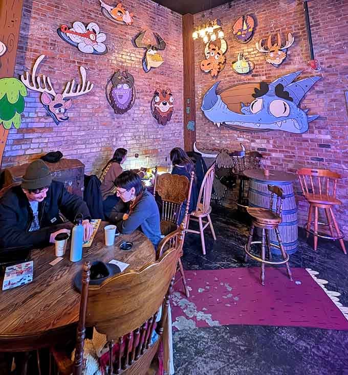 Diners enjoying their meals beneath cartoon woodland creatures is just another Tuesday here.