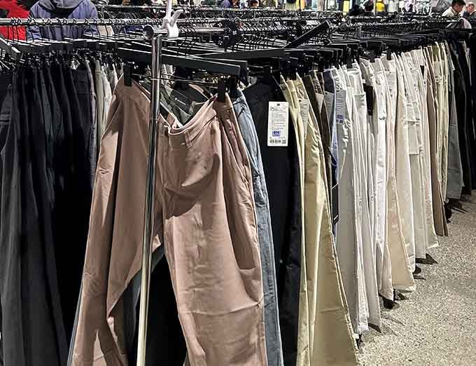 Neutral-toned pants hang in perfect rows, offering every shade from "business casual" to "I'm trying but not too hard" beige.