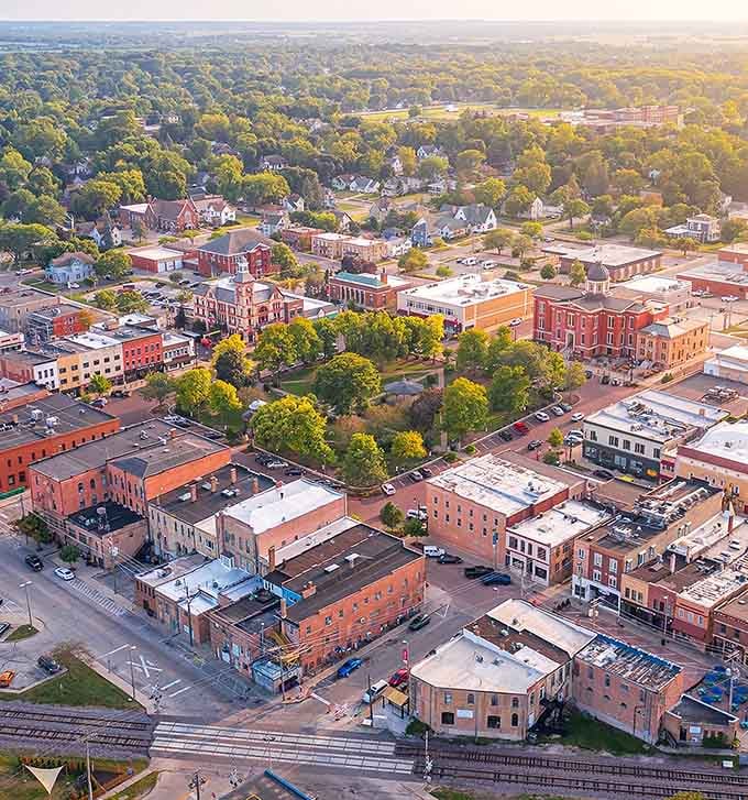 From above, Woodstock reveals its secret: a town that actually planned around people, not just cars and parking lots.