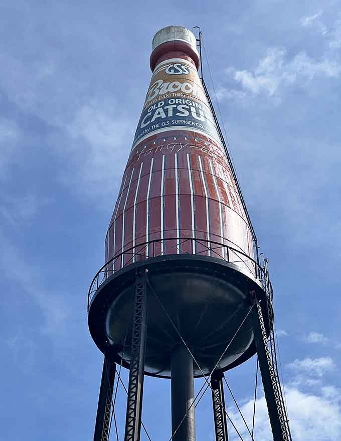 Up close, you appreciate the craftsmanship that went into making a water tower look exactly like ketchup.
