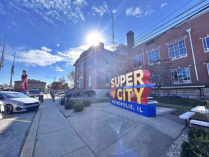 The "Super City" sign welcomes visitors to Metropolis, leaving absolutely no doubt about this town's favorite son.