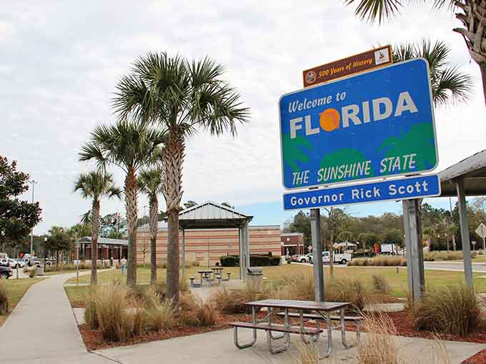 The park setting proves these signs aren't just for highways, they're for celebrating Florida everywhere.