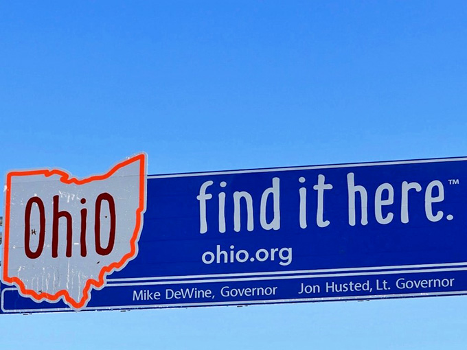 That brilliant blue Ohio outline against an even bluer sky reminds you why this state has always been worth coming back to.