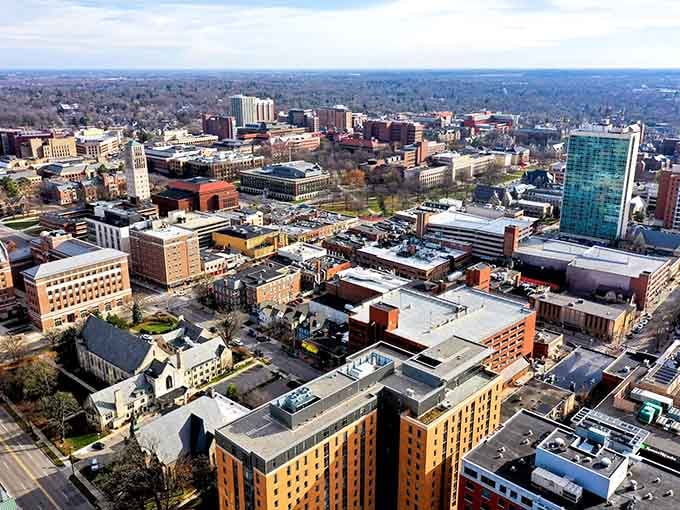 From up here, Ann Arbor looks like a perfectly organized box of crayons—colorful, compact, and surprisingly delightful.