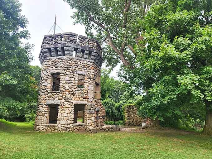 This stone tower rising from the forest looks like something from a medieval fairy tale right here in Massachusetts.