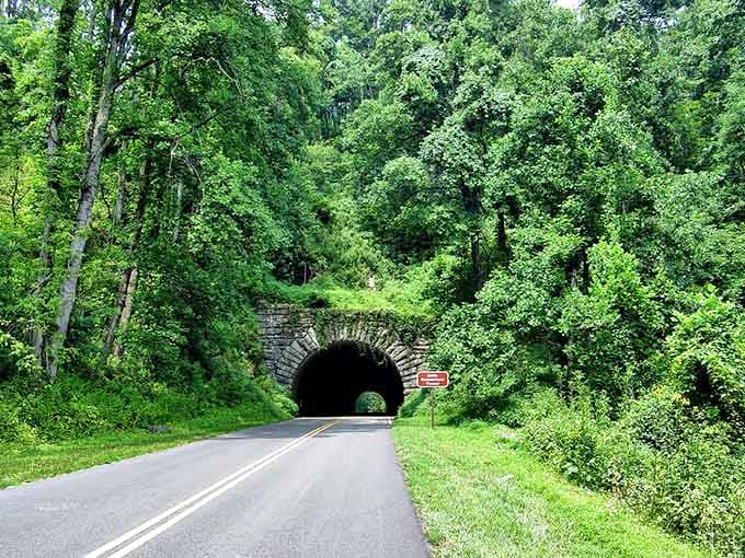 That stone tunnel framed by summer greenery is your gateway to mountain magic on America's favorite scenic drive.