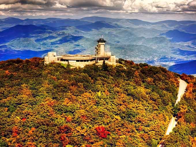 Perched above autumn's blazing tapestry, this mountaintop observatory offers views that'll make your heart skip a beat.