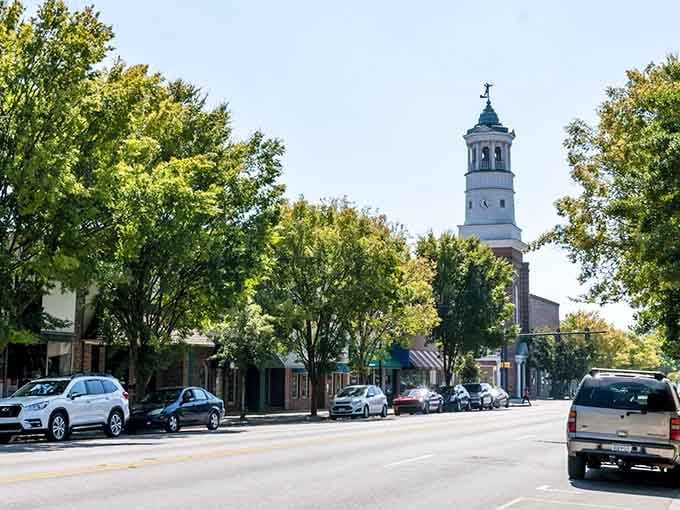 That church steeple rising above the tree canopy is like a lighthouse guiding you to small-town charm.