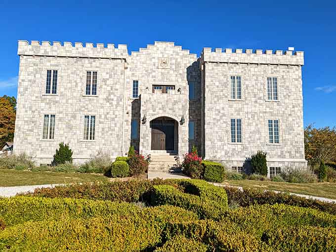 Those battlements aren't just for show—this limestone fortress looks like it sailed straight from medieval England to Indiana.