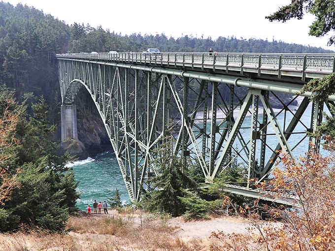 That steel bridge arching over turquoise water looks like nature's own roller coaster without the ticket price.