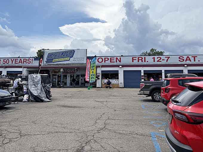 Half a century of treasure hunting starts right here, where those dramatic clouds promise adventure inside every aisle.