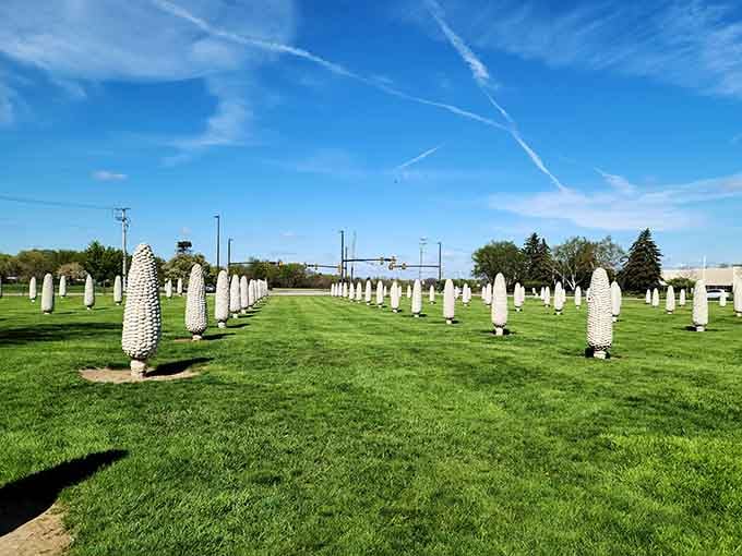Nothing says "welcome to the Midwest" quite like 109 giant concrete corn sculptures standing at attention in a field.