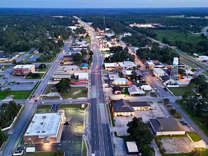 Small-town main street at dusk where everyone knows your name and nobody's in a hurry.