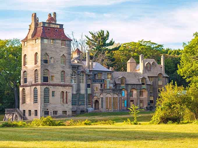 This concrete castle rises from Pennsylvania countryside like something from a storybook, complete with towers and whimsical architecture.