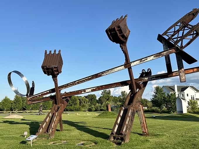 Industrial art meets whimsy as massive metal sculptures reach skyward, turning everyday objects into towering outdoor masterpieces.
