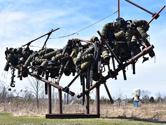 Metal boots suspended in mid-air create an industrial ballet that defies gravity and common sense beautifully.