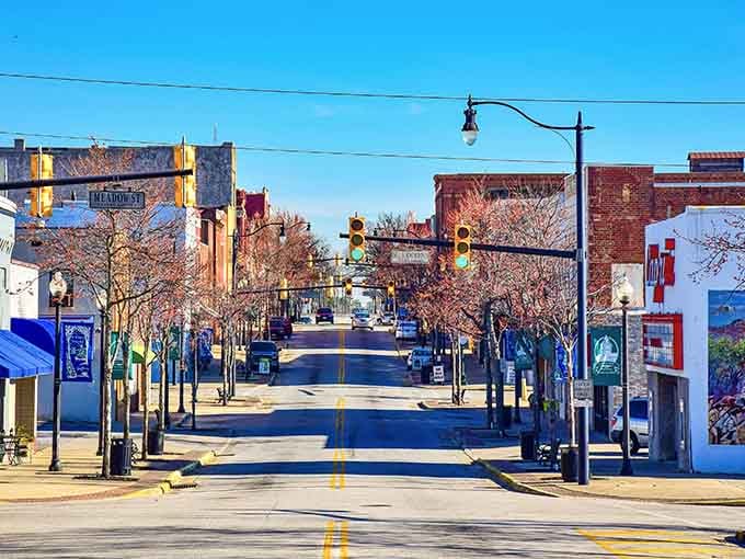 Gaffney's downtown stretches wide under Carolina blue skies, where brick buildings whisper stories of simpler times.