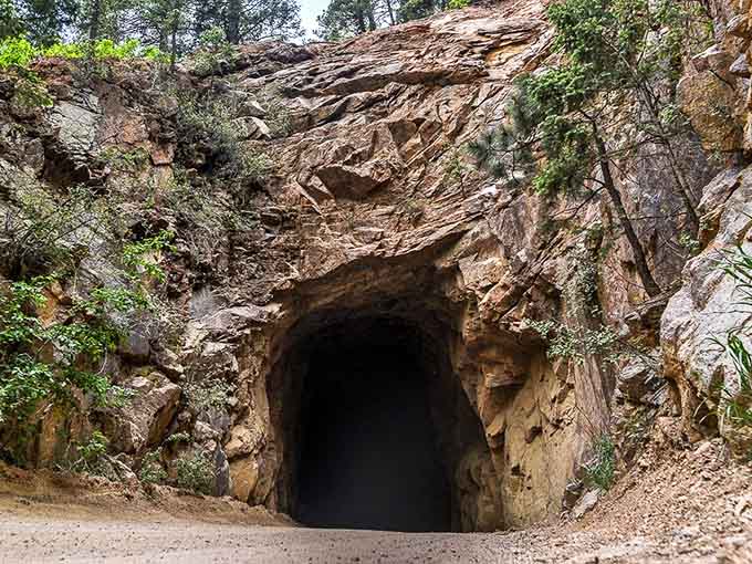 That dark tunnel entrance carved into solid rock looks like nature's own haunted house waiting to happen.