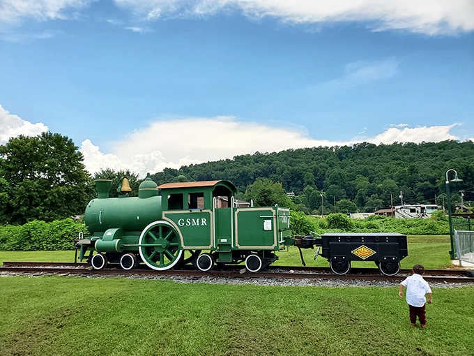 That emerald green locomotive against rolling mountains proves some views never go out of style, no matter the decade.