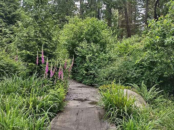 Stone pathways wind through emerald ferns and purple foxgloves, inviting you into a peaceful garden sanctuary.
