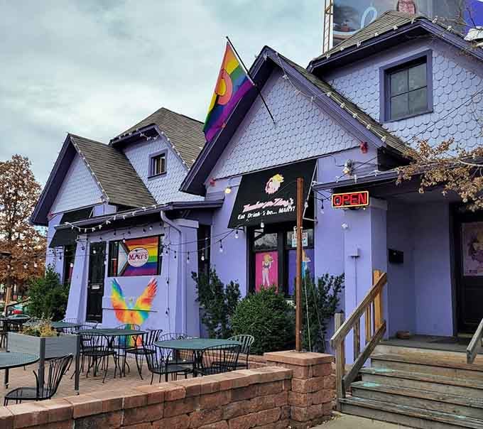This purple Victorian charmer waves its rainbow flags proudly, promising burgers with personality and a side of pure joy.