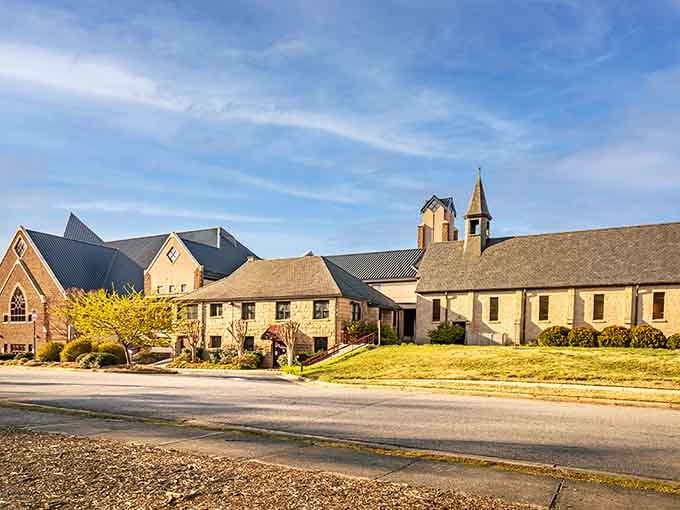 Golden afternoon light bathes these charming church steeples, creating a scene that feels like Sunday morning year-round.