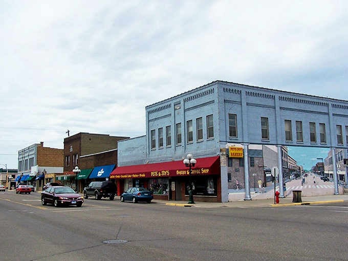 Classic storefronts line this peaceful street where time moves slower and neighbors still wave to each other.