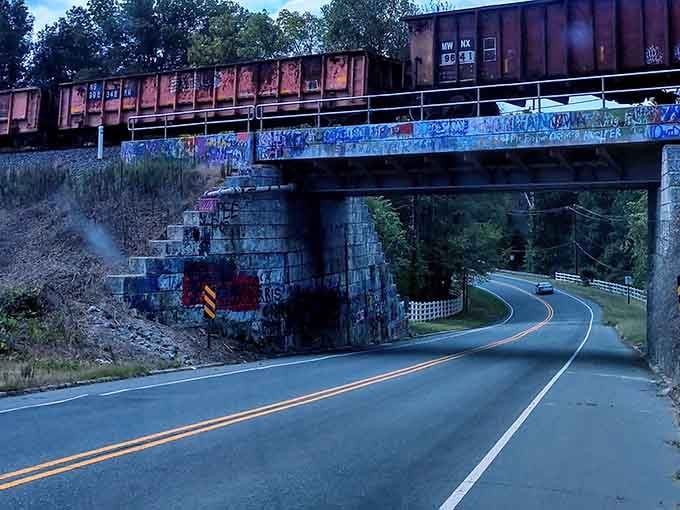 This graffiti-covered bridge looks like something from a horror movie, especially when twilight shadows start creeping in.