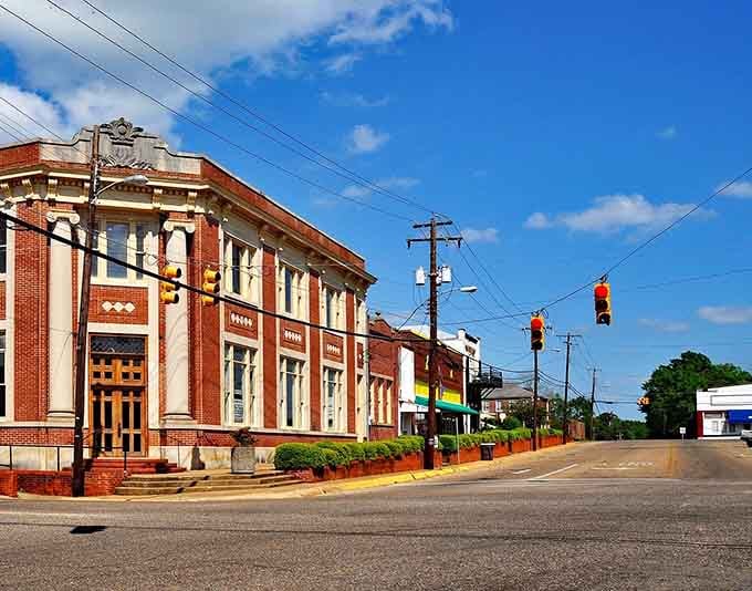Marion's historic brick buildings stand proud under blue skies, inviting you to slow down and savor small-town life.