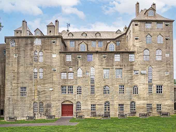 This fortress-like stone beauty looks like it belongs in medieval Scotland, not suburban Pennsylvania.