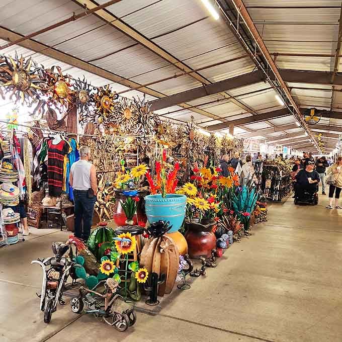 Colorful metal flowers and sunflowers create a garden wonderland that never needs watering or weeding.