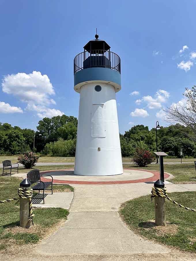 This crisp white tower stands proud along the Ohio River, proving maritime charm doesn't require an ocean view.