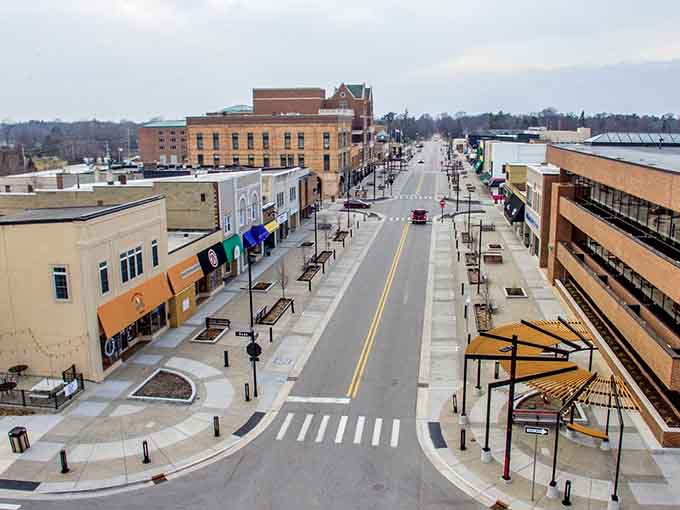 This freshly revitalized downtown stretches wide and welcoming, with benches waiting for conversations that last all afternoon.