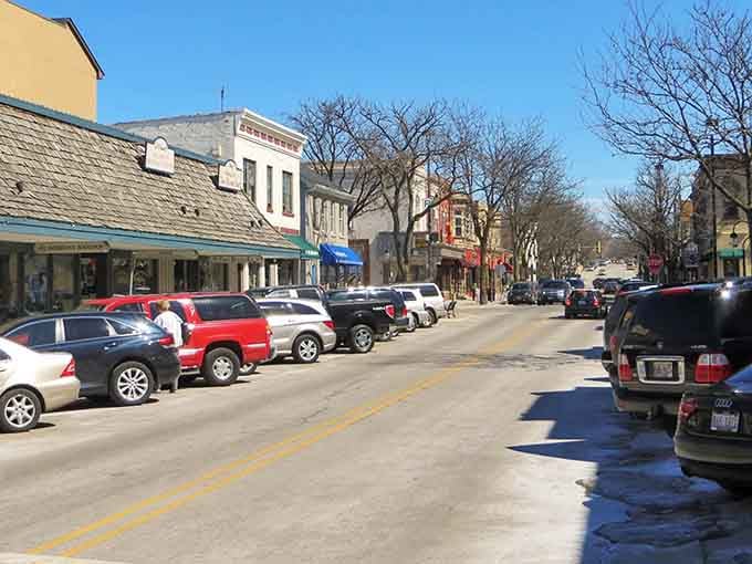 Classic storefronts line this peaceful street where parking is plentiful and neighbors still wave hello.