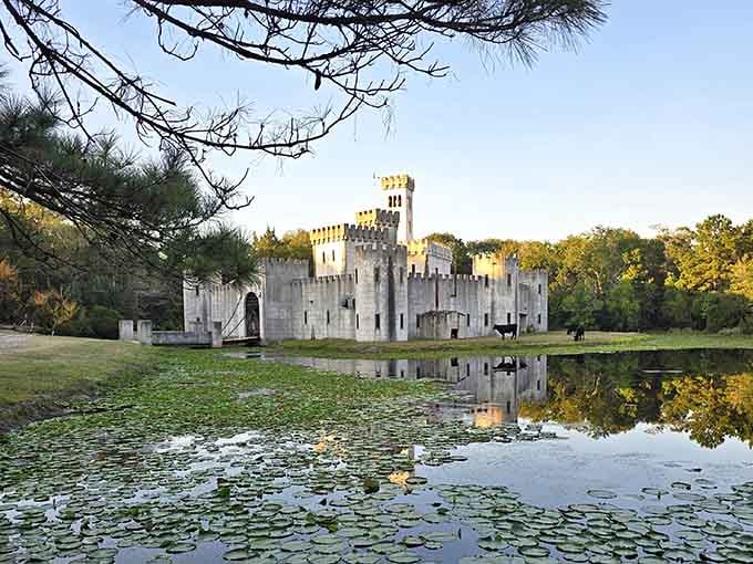 A medieval castle rises from the lily pads like Camelot decided to vacation in Texas permanently.