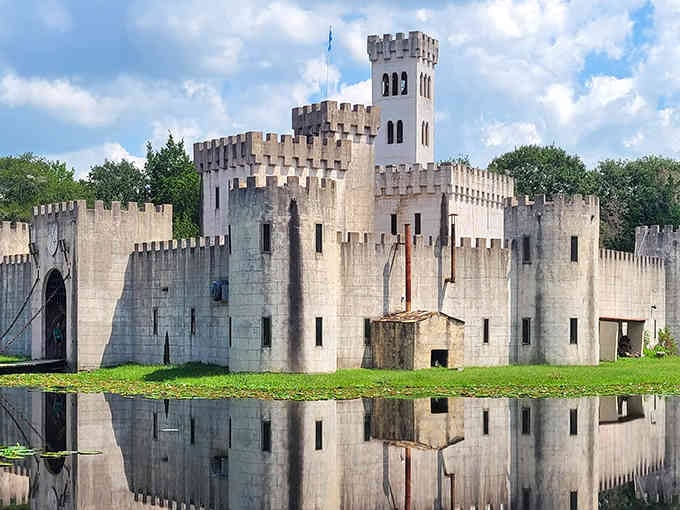 That moat reflection is so perfect, you'll think you're seeing double—medieval architecture meets Texas countryside in stunning harmony.