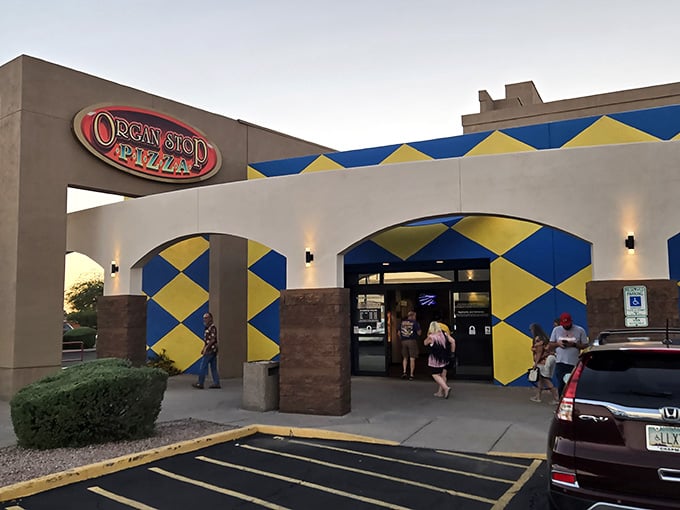 Those bold blue and yellow diamonds catch your eye like a cheerful checkerboard welcoming you to dinner.