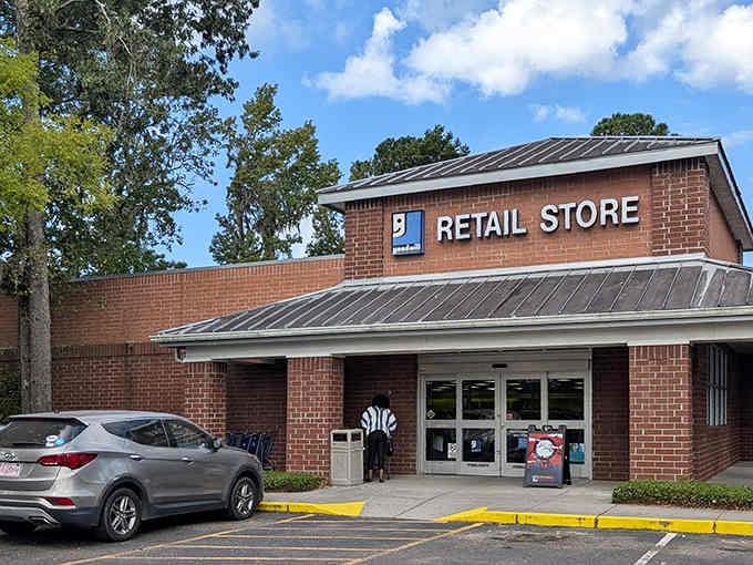 That classic brick facade welcomes treasure hunters like a friendly neighbor waving from the porch.