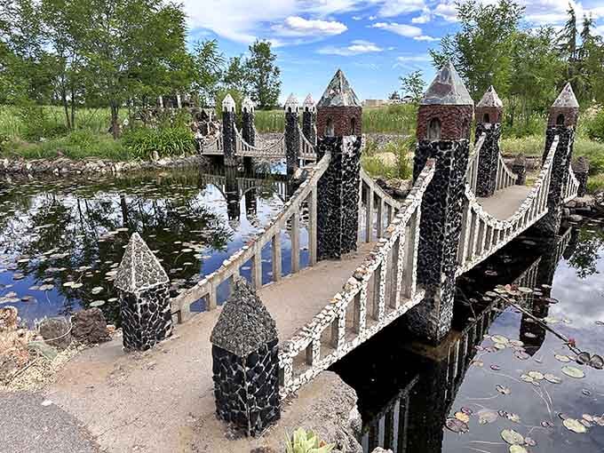 This handcrafted bridge over lily-pad waters looks like something from a medieval fairy tale come to life.